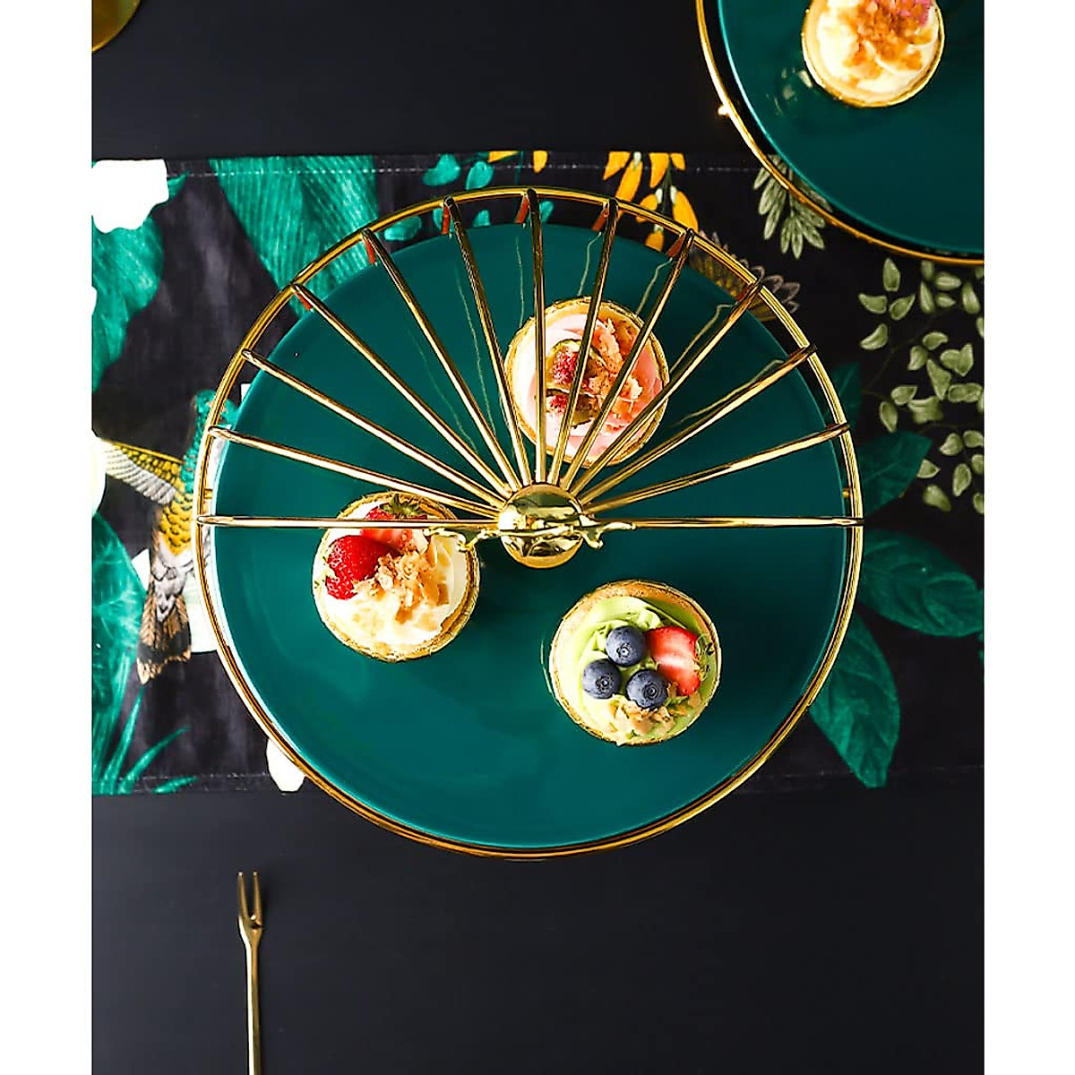 XENITE Dessert Bird Cage Cake Stand for Dessert Table Gold Metal Cosmetics Dessert Display Holder W/Ceramic Tray & Elk Top for Celebrations Home Decorations Fruit Plate