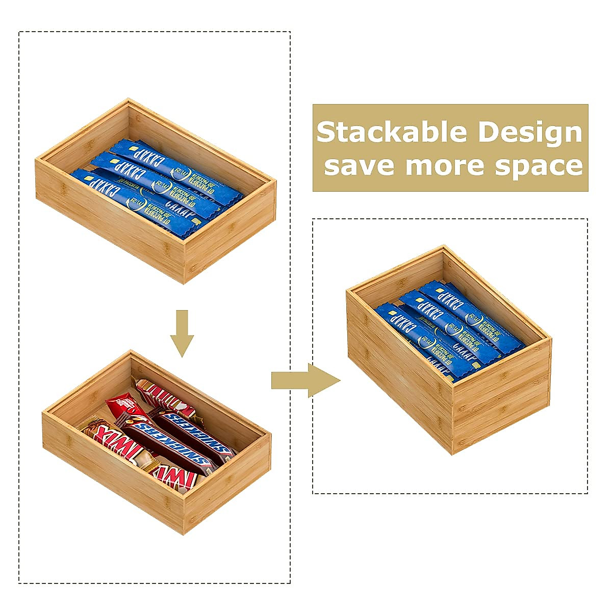 Bamboo Drawer Organizer Storage Box Kitchen - Wood Stackable Tray Set of 2 (9x6x2 inch)