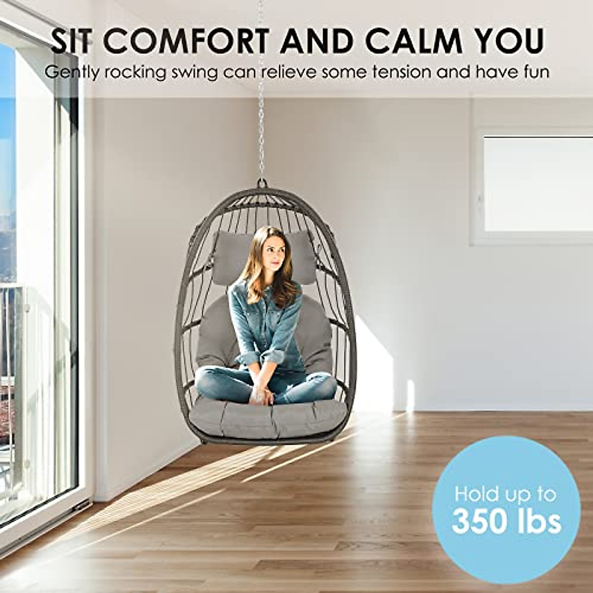Brafab Wicker Rattan Hammock Egg Swing Chair with Hanging Chain, Aluminum Frame and UV Resistant Cushion, Indoor Outdoor Bedroom Patio Porch Foldable Camping Chair (Without Stand)