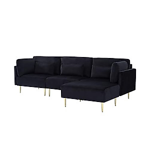 SONGG 105” L-Shaped Modern Convertible Sectional Sofa, Velvet Fabric Upholstered Couch, with Chaise Detachable, Washable Cover and Ottoman, for Living Room, Black