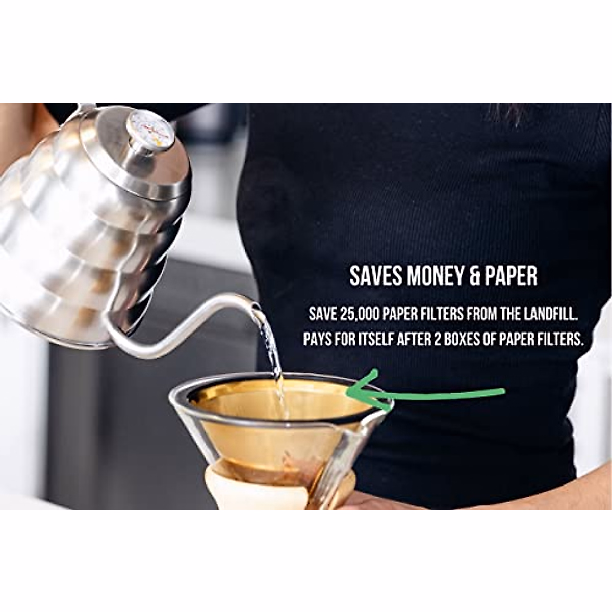 Barista Warrior Compatible with Hario V60 Pour Over Coffee Filters - Reusable Stainless Steel - Best Coffee Maker and Bar Accessories (Gold Titanium Coated)