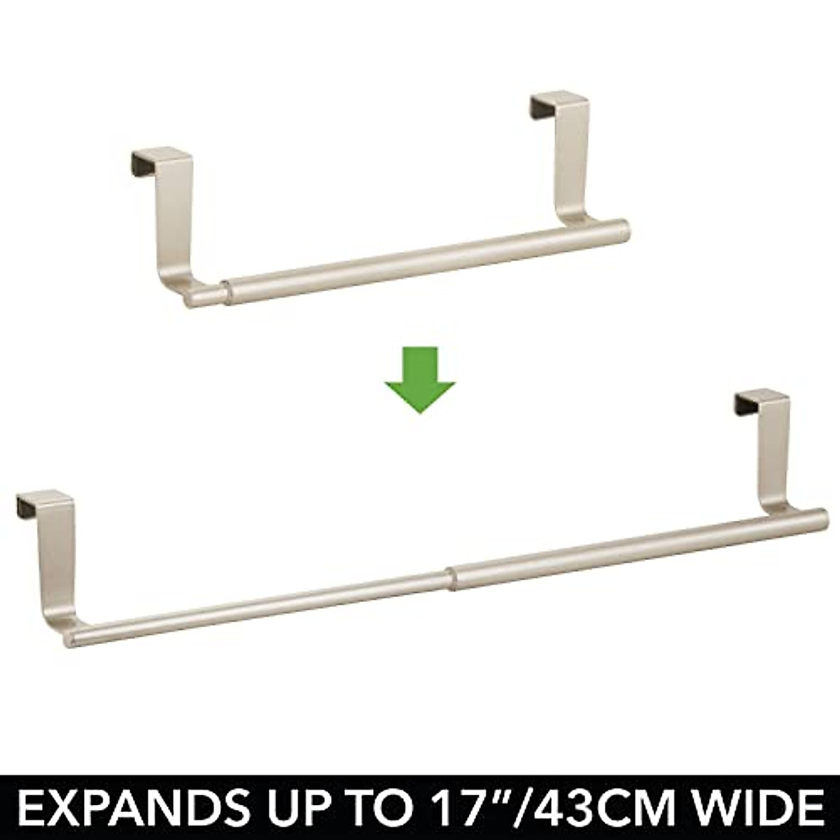 mDesign Adjustable, Expandable Over Kitchen Cabinet Towel Bar Rack - Hang on Inside or Outside of Doors, Hold Hand, Dish, Tea Towels - Customizable to 17" Wide, Omni Collection - Satin