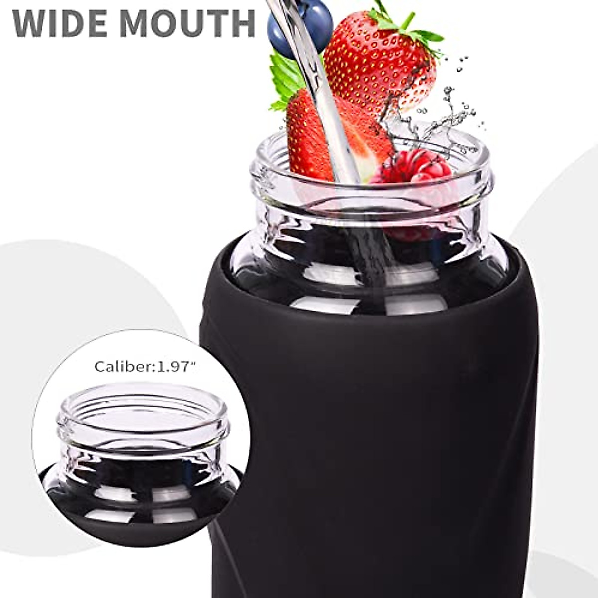 DEARRAY 32 oz Sports Glass Water Bottle with Straw & Silicone Sleeve Reusable BPA-free Borosilicate Glass Drinking Bottle with Flip Top Lid & Handle Wide Mouth (Deep Black)