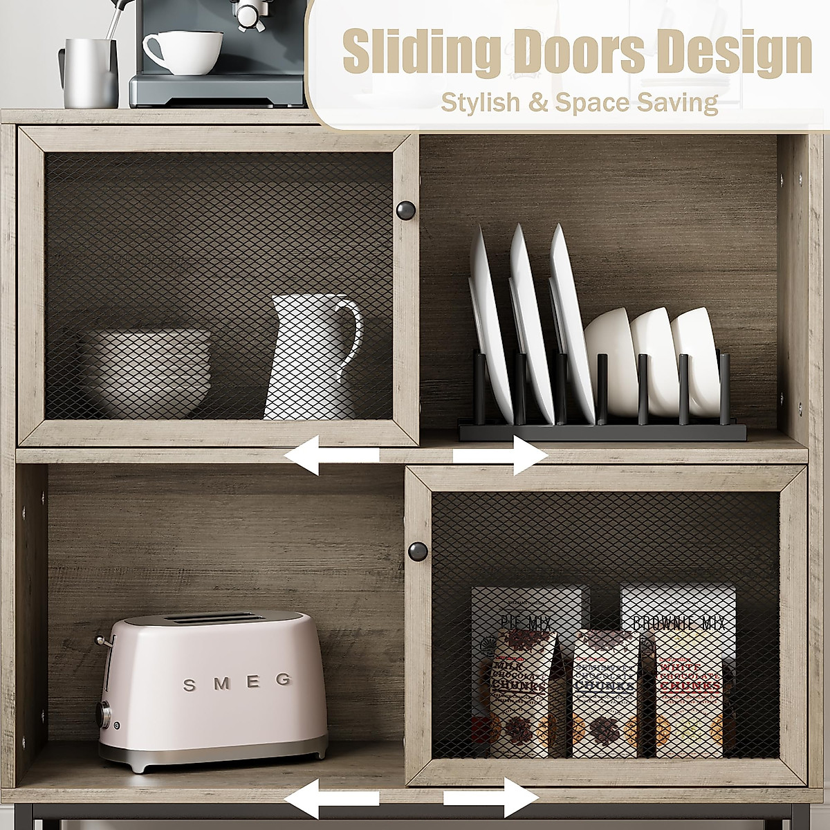 IDEALHOUSE Coffee Bar Cabinet, Farmhouse Sideboard Buffet Cabinet with Storage, Wine Liquor Bar Cabinet with Metal Sliding Door, Wood Accent Cabinet for Kitchen, Dining Room, Living Room, Grey