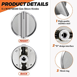 Beaquicy Upgraded W10766544 Gas Stove Knobs 5 Pack Burner Control Knobs Replacement for Whirlpool Range WFG540H0ES0 and Replaces W10430807 W10676228 4248219 AP5958476 PS10067059 EAP10067059