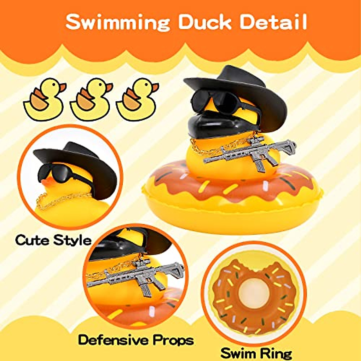 Zelobely Ducks for Cars - Rubber Duck for Dashboard of Car, Yellow Duck Car Dashboard Decorations, Squeak Ducks Car Ornaments Car Décor Accessories with Hat Swim Ring Necklace Sunglasses for Décor