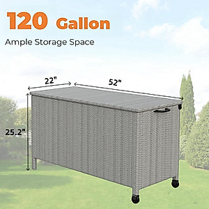 120 Gallon Wicker Deck Box, Waterproof Outdoor Storage Box with Wheels, Large Storage Bench Organizer for Patio Backyard Cushions, Garden Tools and Pool Supplies, Gray