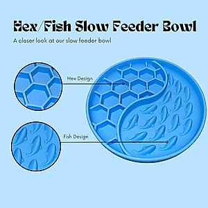 Silicone Slow Feeder Dog Bowl, for Medium/Large Size Dogs, Anti-Slip Bowl, Food Grade, Dishwasher Safe, Hex/Fish Design (Blue)