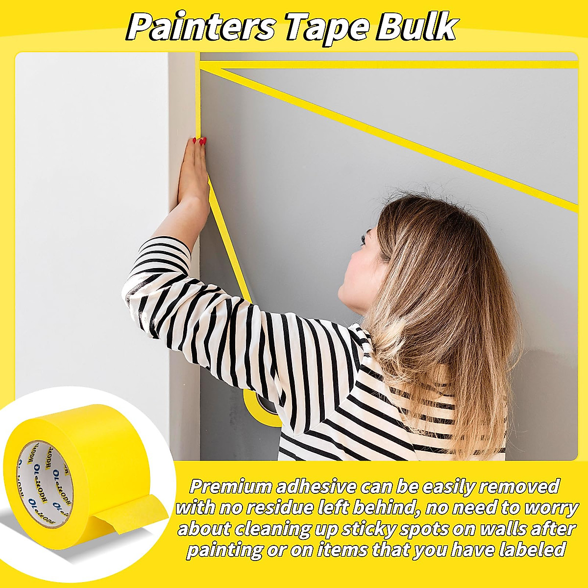 Oleitodh 12 Rolls Yellow Painters Tape Bulk 2 inch x 660 Yards, Painters Masking Tape No Residue Wall Painting Tape Artist Tape Trim Edge Finishing Tape for Wall Painting Decoration DIY Supplies