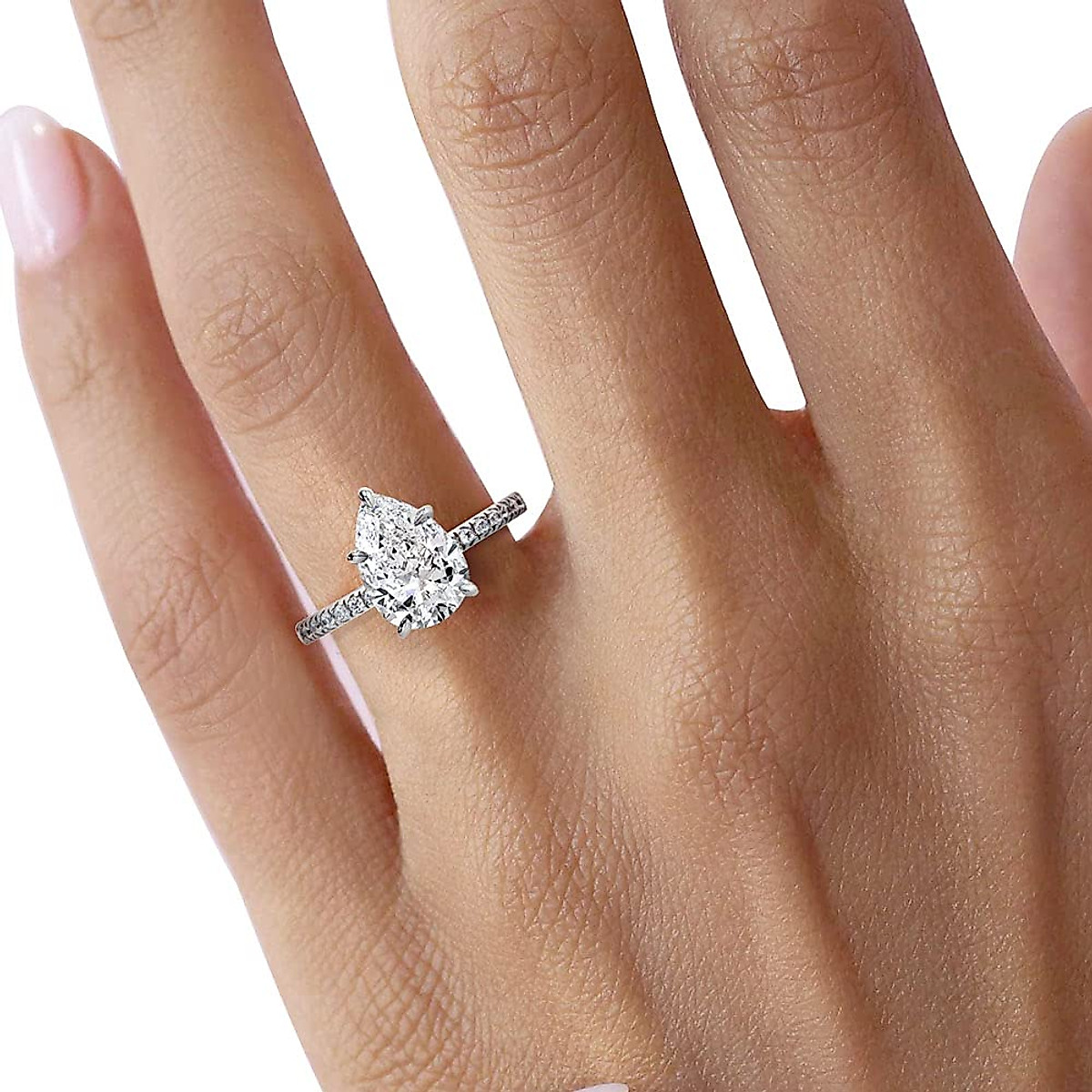 Bo.Dream 2 Carat Pear Shaped Cubic Zirconia CZ Engagement Rings For Women Platinum Plated Sterling Silver Size 7