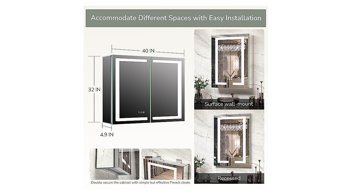 TokeShimi 40x32 LED Medicine Cabinet | Anti-Fog, Outlet, Dimmable