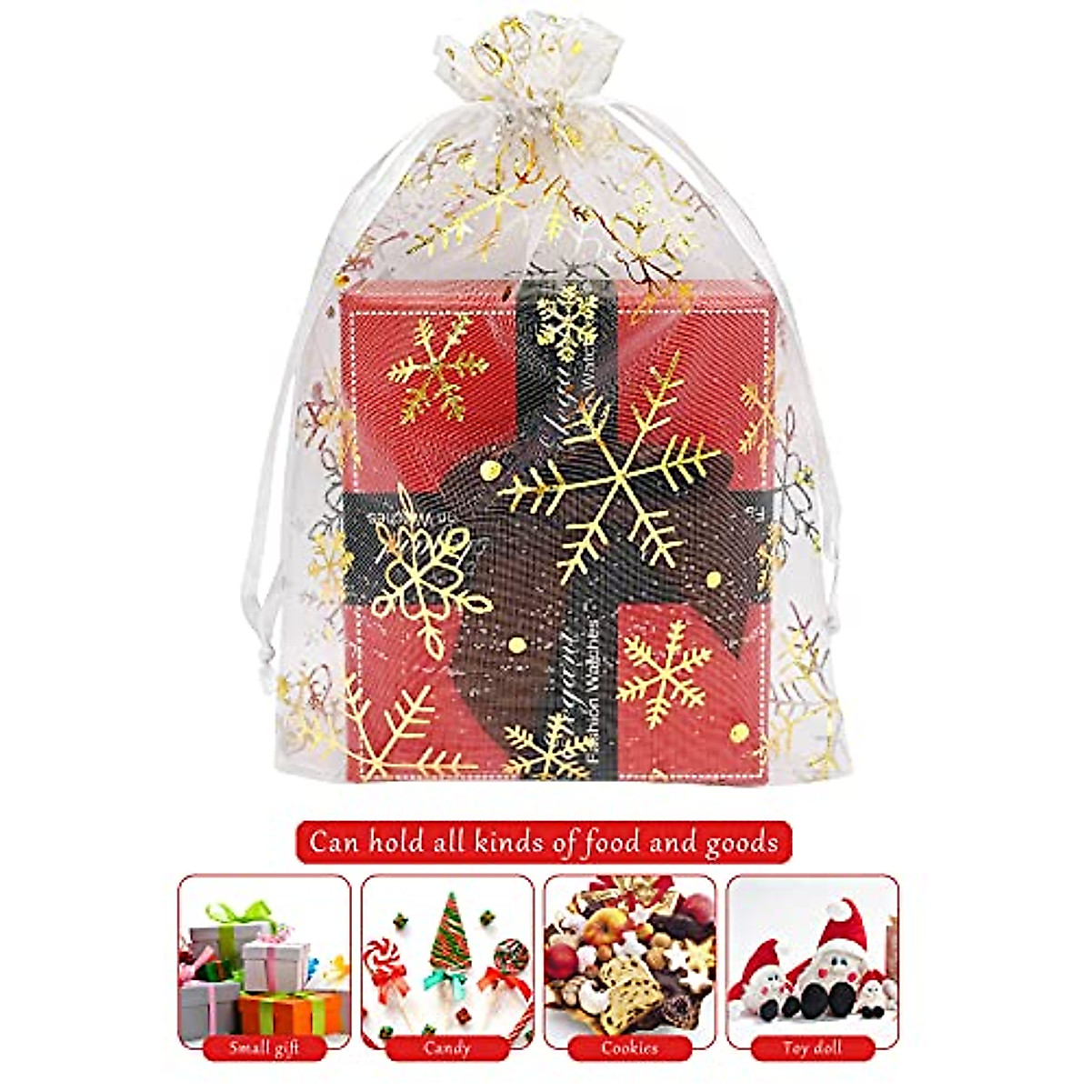 Jexila 100PCS Christmas Organza Bag 5''X7'' Snowflake Christmas Small Mesh Drawstring Gift Bags Christmas Party Favor Goodie Candy Treat Bags