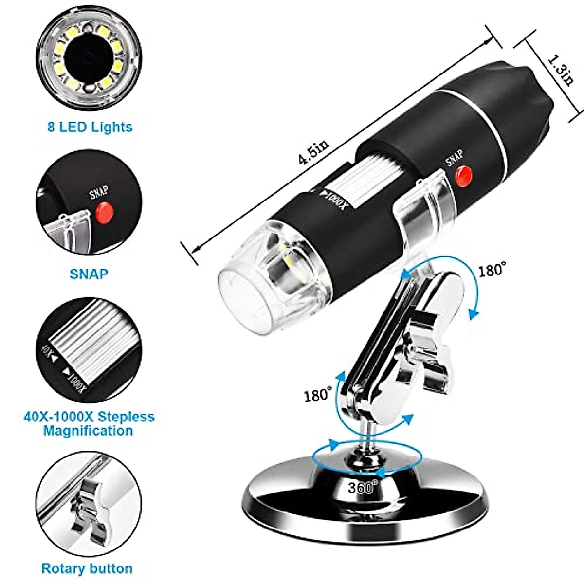 USB Microscope, 40X-1000X Digital Microscope 3 in 1 PCB Microscope Camera Magnification Endoscope Camera Portable Microscope, Metal Stand for Windows 7/8/10, Mac, Android with OTG, Linux