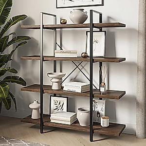 BELLEZE 4 Tier Modern Rustic Industrial Bookshelf, Open Wide Office Etagere Book Shelf, Wood and Metal Bookcases with Storage Display Rack - Hazel (Dark Walnut)