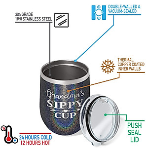 Grandmas Sippy Cup Gift for Women Birthday on Black Glitter 12 oz Insulated Wine Tumbler