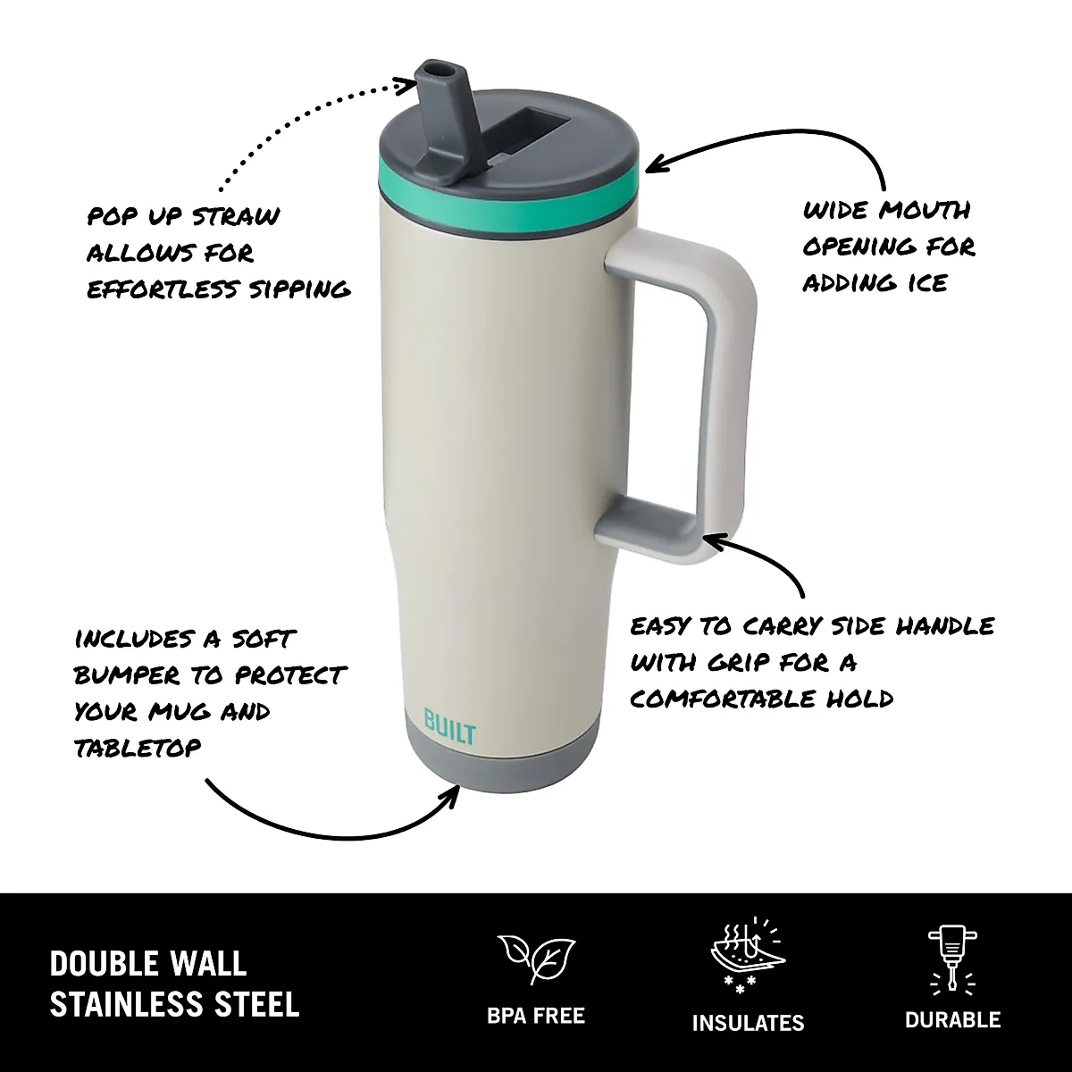 Built 40 oz Cascade Flip Straw Tumbler, Double Wall Insulated Tumbler, Gym & Sport Bottles - Stainless Steel & Straw Lid, Leak-Proof, Soft Base, Portable BPA-Free (Concrete Grey)