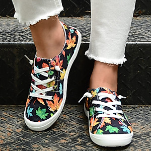 Casual Loafers Women Shoes Plaid Canvas, Halloween Themed Fashion Sneakers Maple Leaf Pattern, Lace Up Flatform Slip-On Autumn Comfortable Walking Low Top Padel Shoes