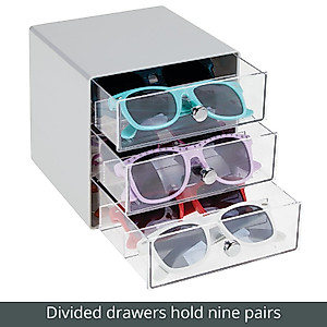 mDesign Stackable Plastic Eye Glass Storage Organizer Box Holder for Sunglasses, Reading Glasses, Lens Cleaning Cloths, and Accessories - 3 Divided Drawers, Chrome Pulls - Gray/Clear
