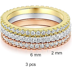 ORENTINI Tri-Color Gold Plated Cubic Zirconia Gemstone Stackable Promise Ring Eternity Band For Women 3 PC Set
