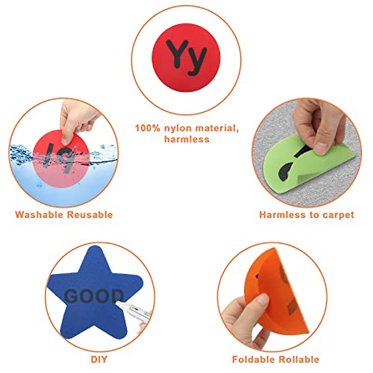 Hoedia 70pcs Carpet Markers Floor Dots Multicolour Spot Marker,Magic Carpet Spots for Classroom Supplies Elementary School Kindergarten Daycare Decoration（26 Letters + 36 Numbers + 8 Stars）