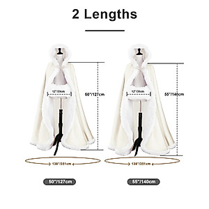 BEAUTELICATE Wedding Cape Hooded Cloak for Bride Winter Reversible with Fur Trim Free Hand Muff Length 50" Ivory