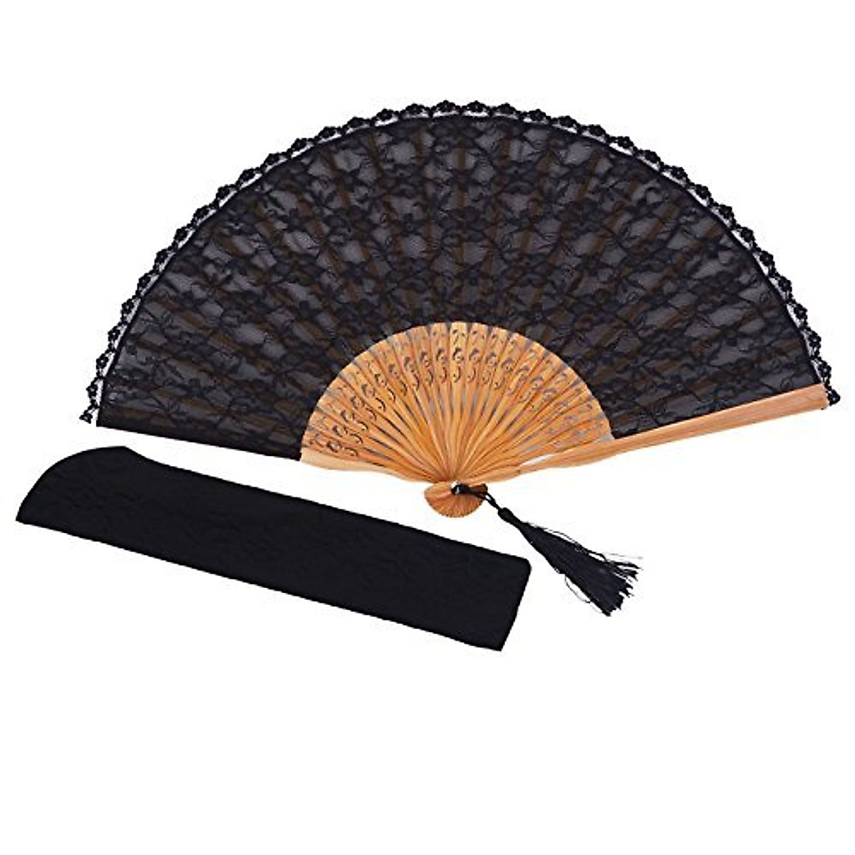Womens Multi Color Handmade Cotton Lace Folding Hand Fan (Black-A) (6-pac)