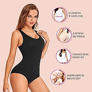 Nebility Women Waist Trainer Bodysuit Slim Full Body Shapewear Seamless Round Neck Jumpsuits Tummy Control Tops (M/L, Black)