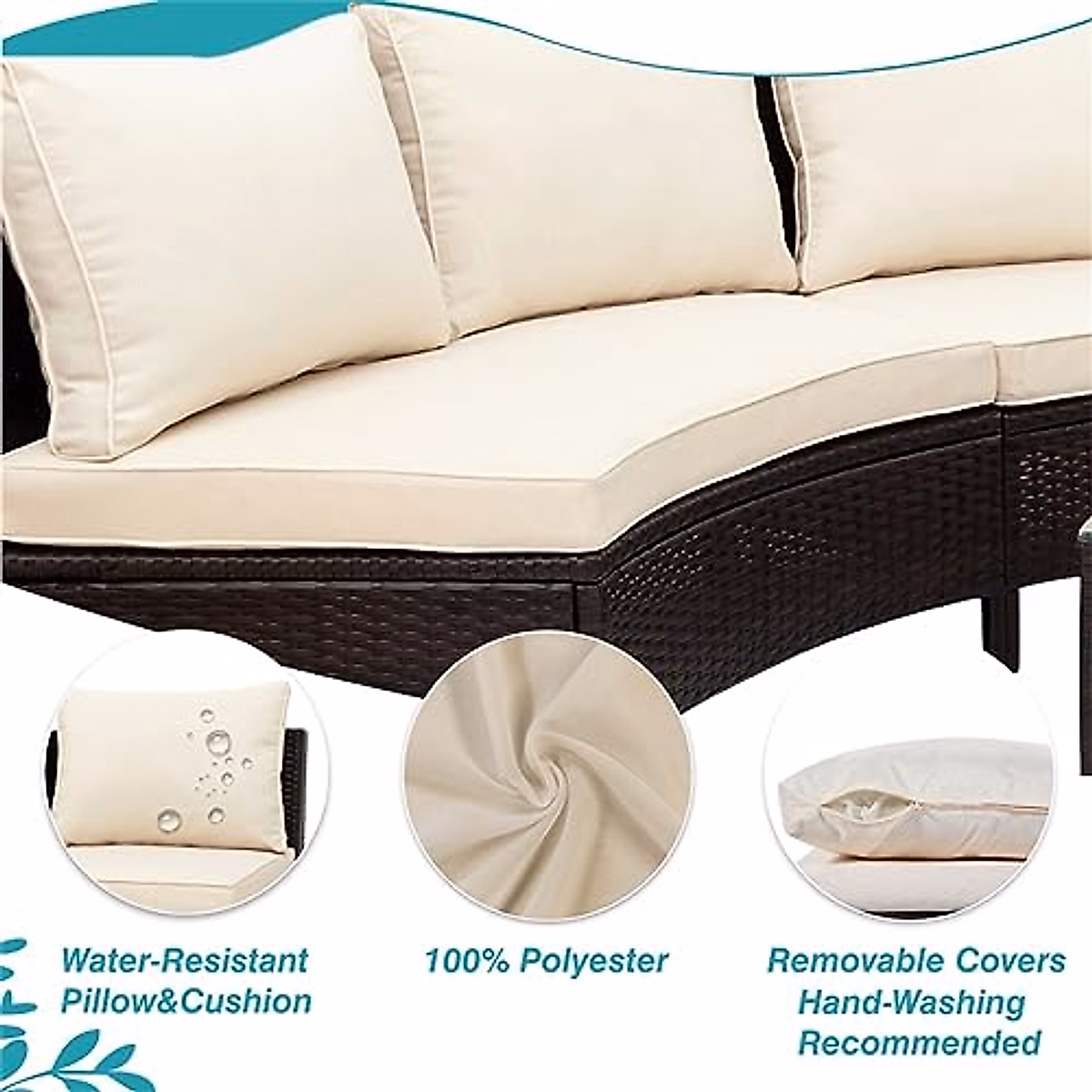 n/a 5 Pieces Brown PE Rattan Wicker Sofa Set Outdoor Patio Sectional Furniture Set Half-Moon with Tempered Glass Table