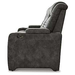 Signature Design by Ashley Soundcheck Contemporary Faux Leather Tufted Power Reclining Sofa with Adjustable Headrest, Gray