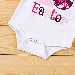 Lamuusaa Newborn Baby Girls Easter Outfits My First Easter Romper Bodysuit Ruffle Bunny Shorts Headband 3Pcs Easter Clothes (White+Pink, 0-3 Months)