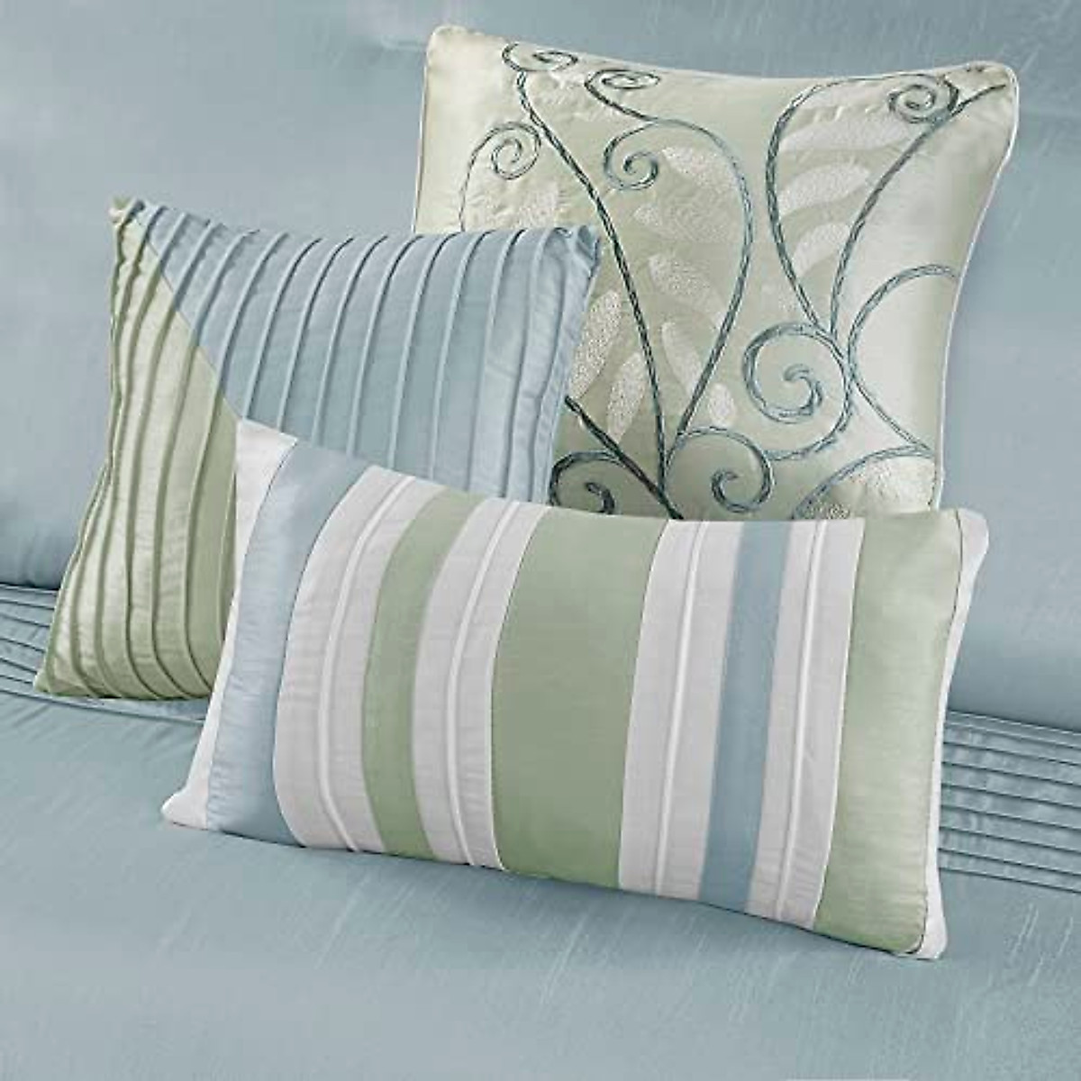 Madison Park Amherst Faux Silk Comforter Set-Casual Contemporary Design All Season Down Alternative Bedding, Matching Shams, Bedskirt, Decorative Pillows, King(104"x92"), Green, 7 Piece (MP10-847)