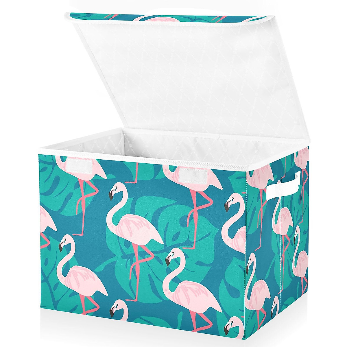 ALAZA Collapsible Large Storage Bin with Lid, Flamingo Palm Leaves Pattern Foldable Storage Cube Box Organizer Basket with Handles, Clothes Blanket Box for Shelves, Closet, Nursery, Playroom