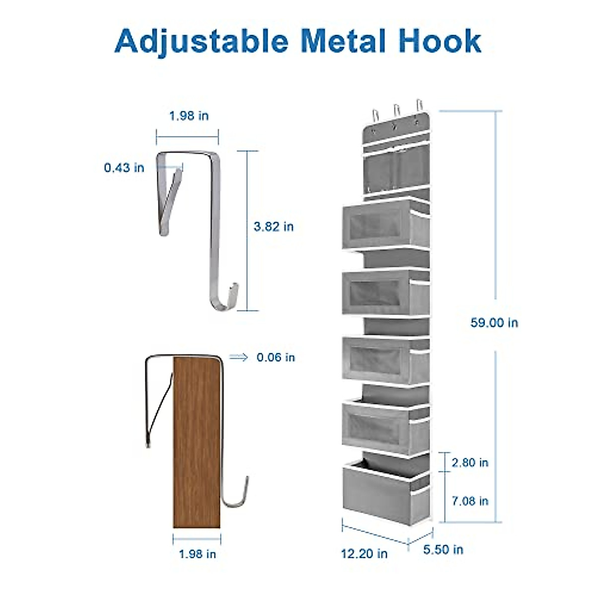 JARLINK 2 Pack 6-Shelf Over Door Hanging Organizer, Wall Mount Storage for Bedroom or Kitchen, Clear Window and PVC Pocket for Storage Cosmetics, Stationery, Sundries, etc (Grey)