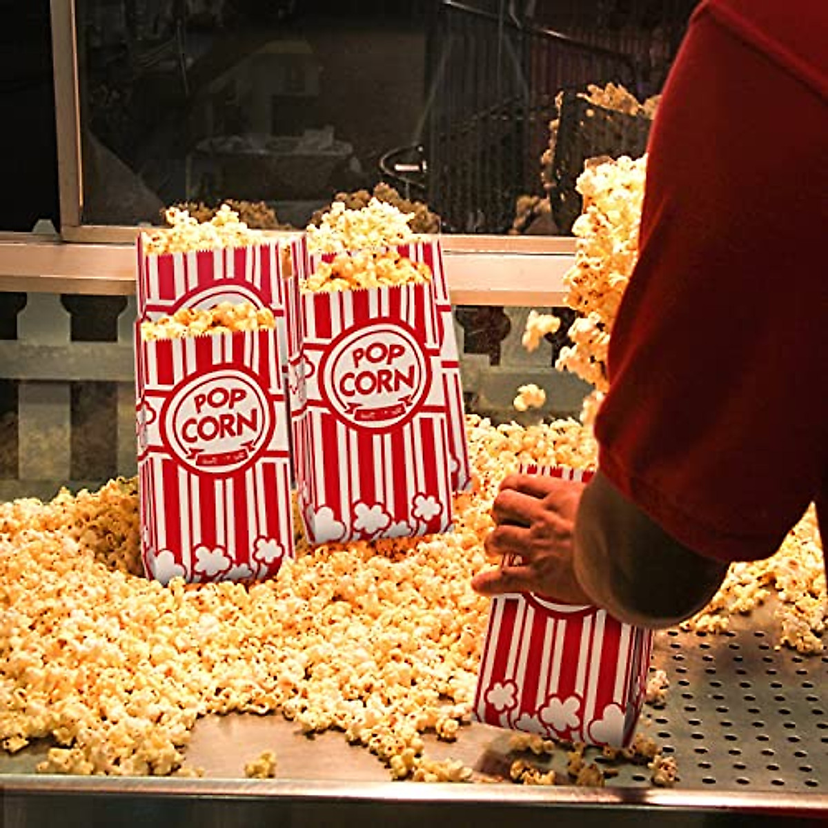 YESMONA 200 Pcs Paper Popcorn Bags, Popcorn Container Red and White Concession Stand Supplies Movie Theme Party Supplies Popcorn Holder