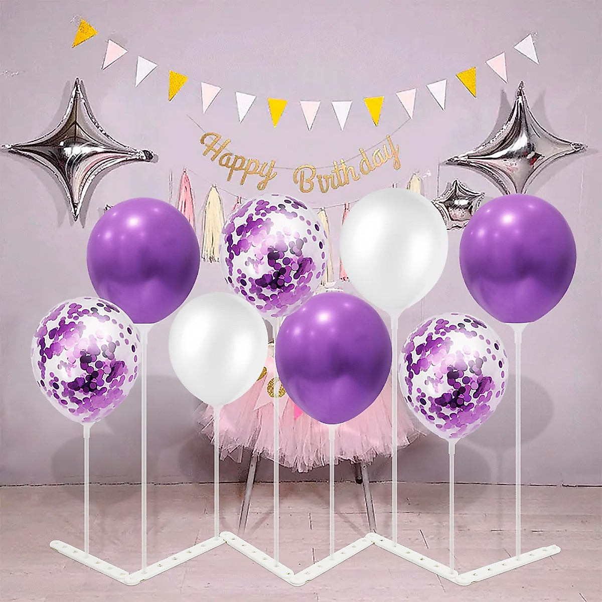 ZJDHPTY Balloon Stand with 10 Pcs Purple and White Balloons, Centerpiece Table Decorations for Birthday Bridal Shower Engagement Wedding Mother's Day New Years Decorations 2025 (Purple White 4pack)