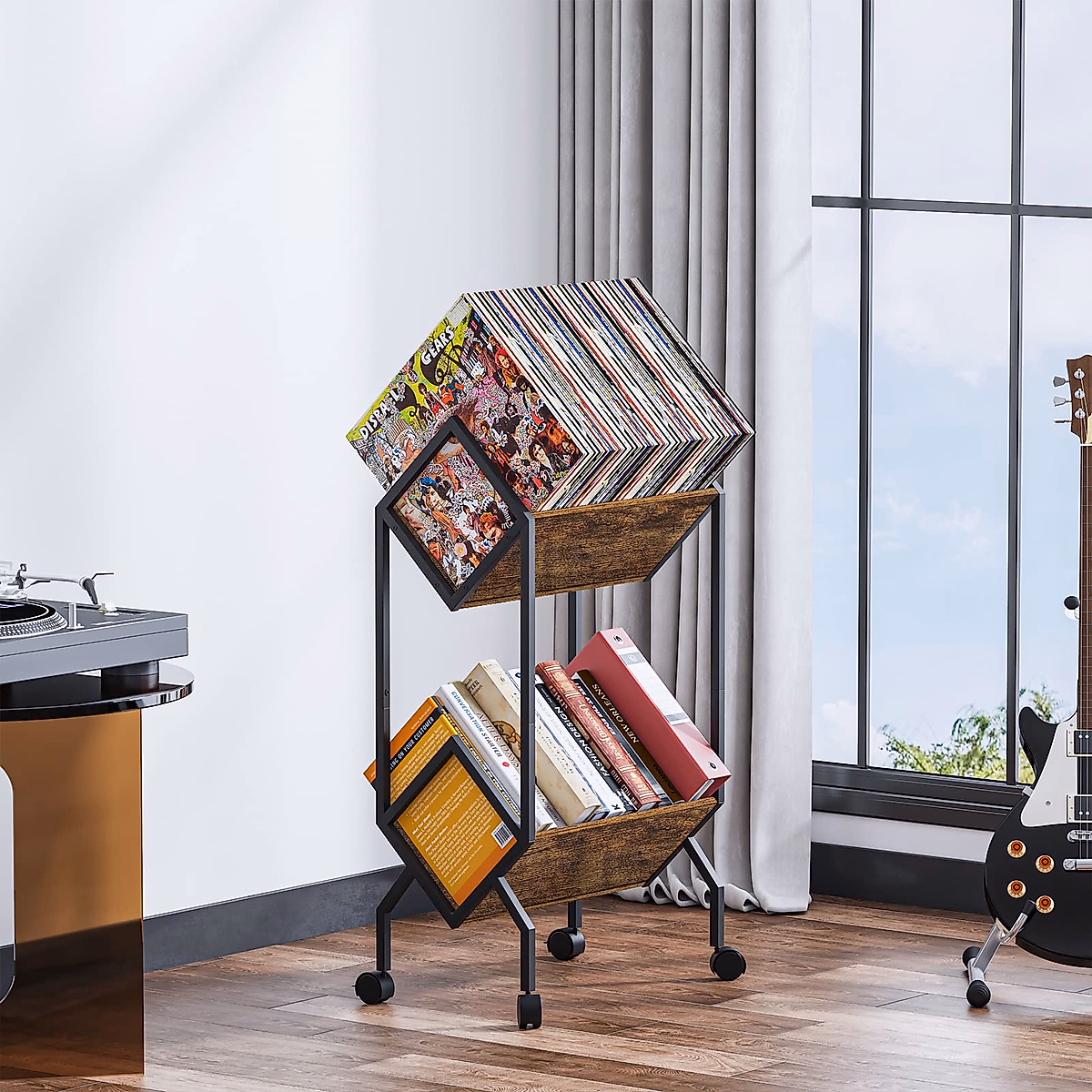 Giikin 2-Tier Vinyl Record Storage Holder, Holds up to 160-200 LPs, Mobile Metal and Wooden Vinyl Record Organizer Stand with Casters, Storage, Protects Vinyl - Organize Albums - Book, Magazine, Files