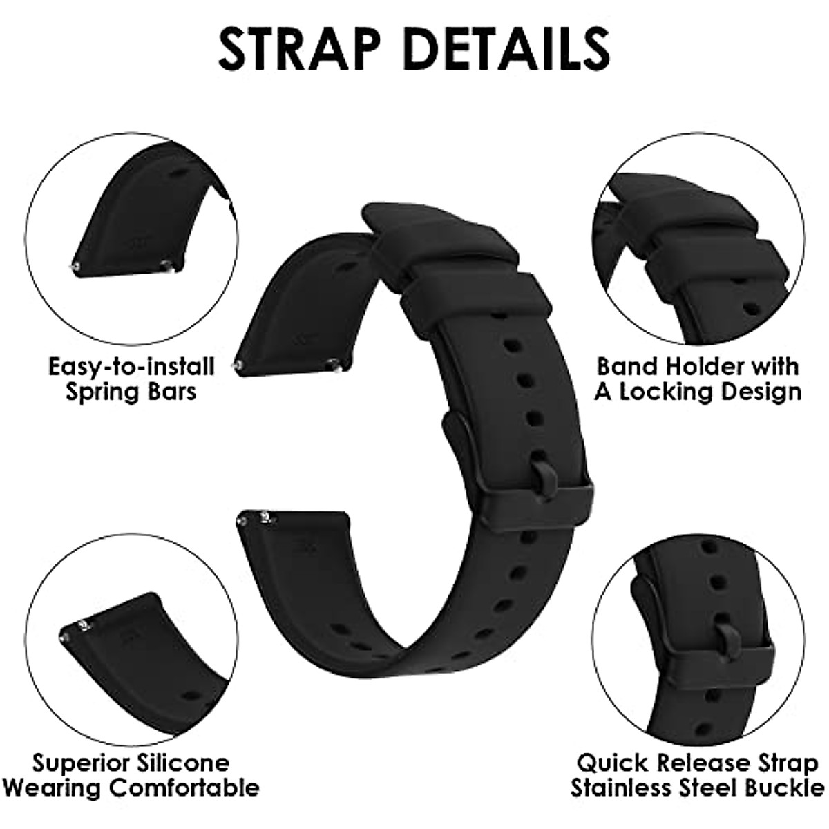 TIESOME Silicone Watch Bands, Quick Release Waterproof Soft Rubber Replacement Straps with Silver Plated Stainless Steel Buckle Compatible with Smart Watch Sport Watch for Men Women (22mm, Black)