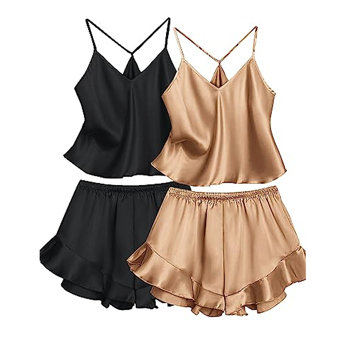 Ekouaer Silk Pajamas for Women Satin Shorts Sets Deep V Neck Cami Tops 4 Piece Pjs Nightwear