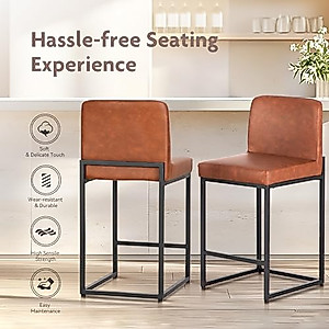 ALPHA HOME 24” Bar Stools Set of 4 Counter Height Bar Stool Pu Leather Kitchen Modern Bar Stools with Backrest Upholstered Footrest Sturdy Chromed Metal Steel Frame,Brown.