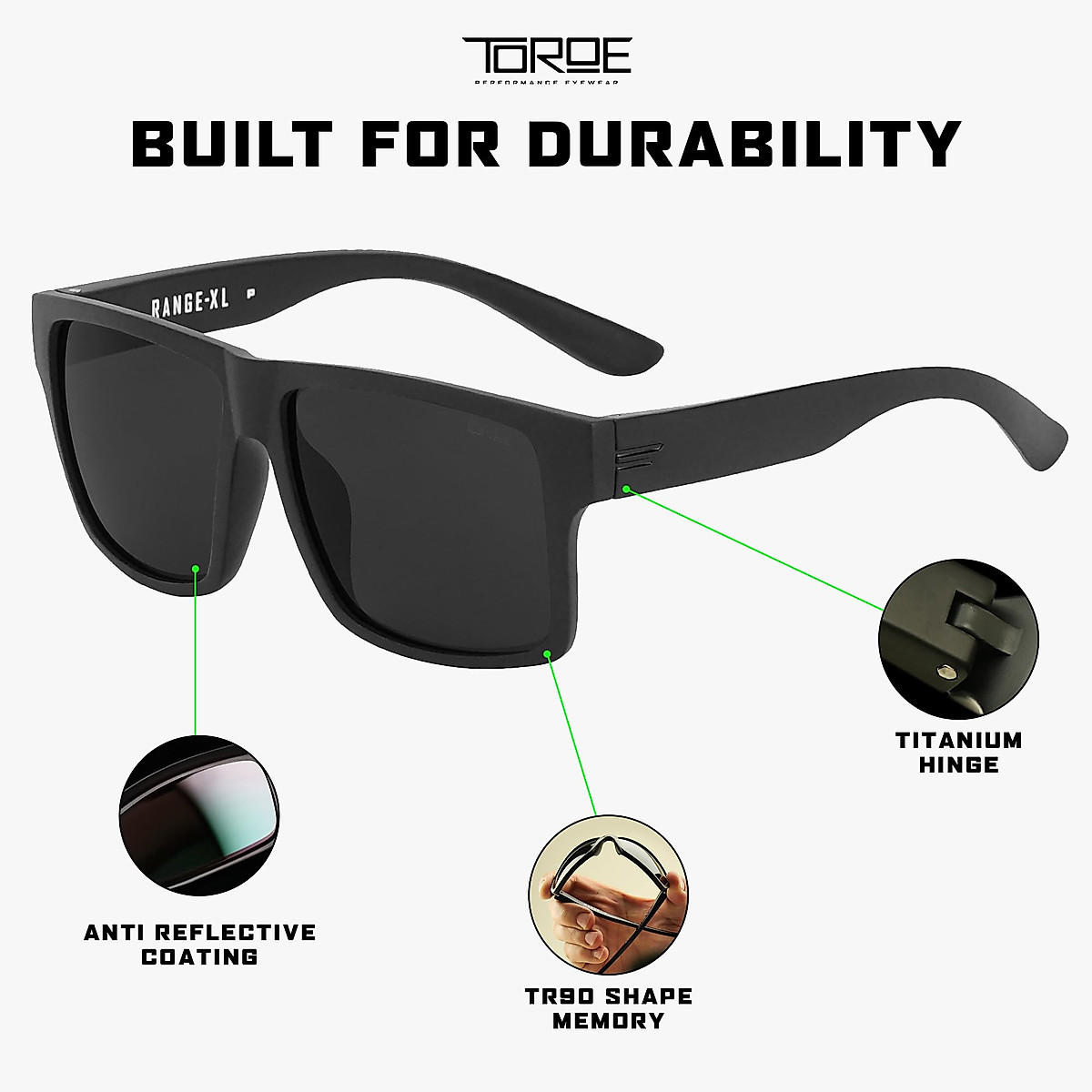 TOROE Eyewear Matte Black RANGE XL Frame Sunglasses Light Weight TR90 Frame, Polarized Polycarbonate Lens (Matte Black | Black Emblem, Black (C4))