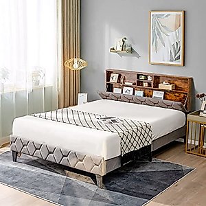 KOMFOTT Upholstered Queen Bed Frame with Storage Headboard, Platform Bed Frame with Open Shelves & Hidden Storage Space, Mattress Foundation with Plywood Slat Support, No Box Spring Needed