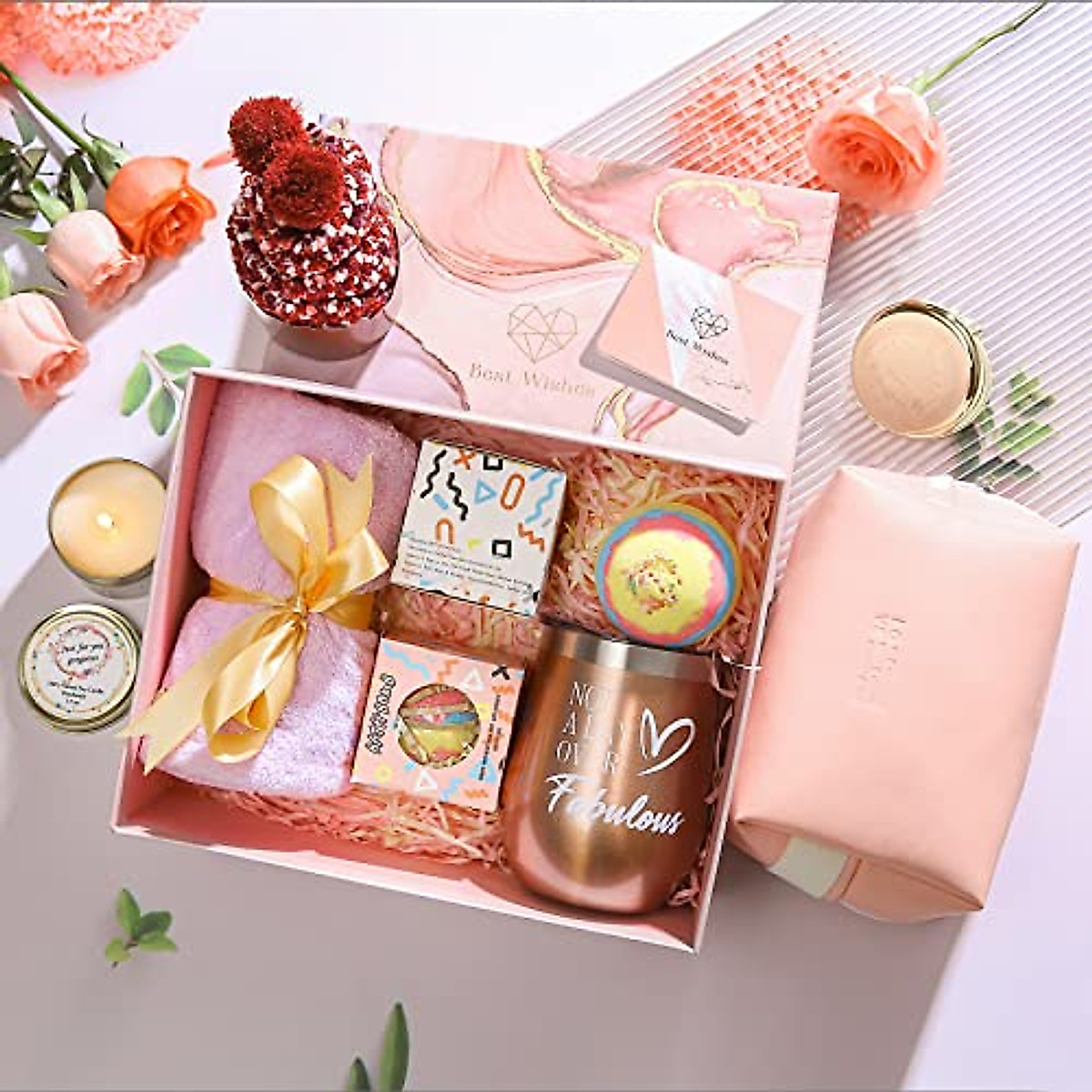 Birthday Gifts Basket for Women, Relaxing Spa Gift Box Basket For Her Mom Wife Sister Coworker, Unique Happy Birthday Bath Insulated Tumbler Set Gift Ideas, Personalized Thank You Gifts for Friends