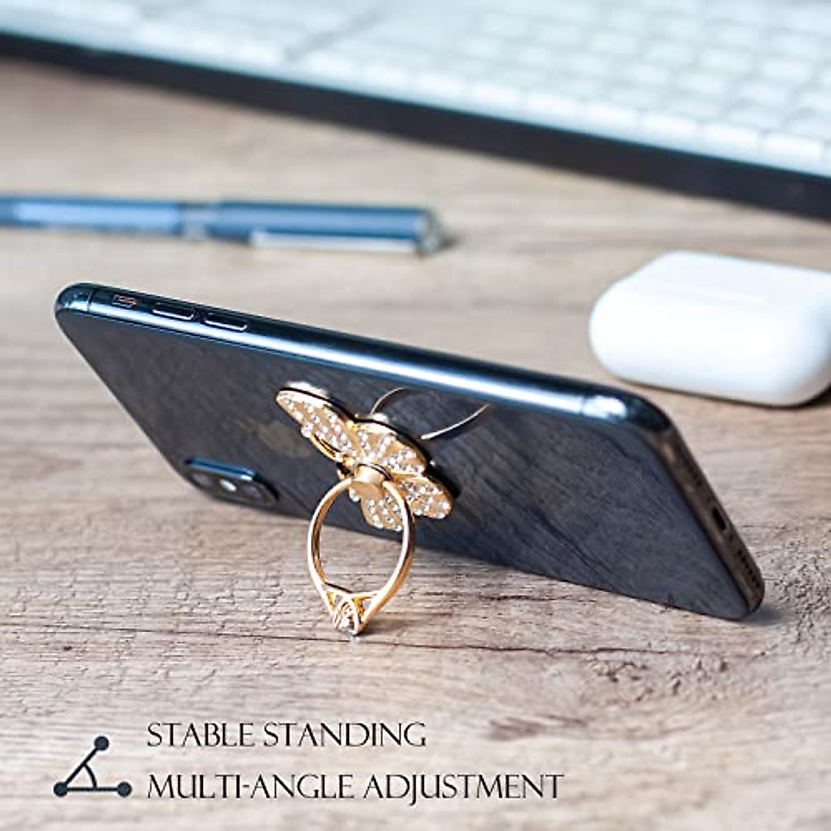 [2 Packs] Butterfly Glitter Bling Bling Phone Ring Holder, Sparkle Phone Ring Grip Artificial Diamond Stand,Rhinestone Cell Finger Ring for Phones,Pad