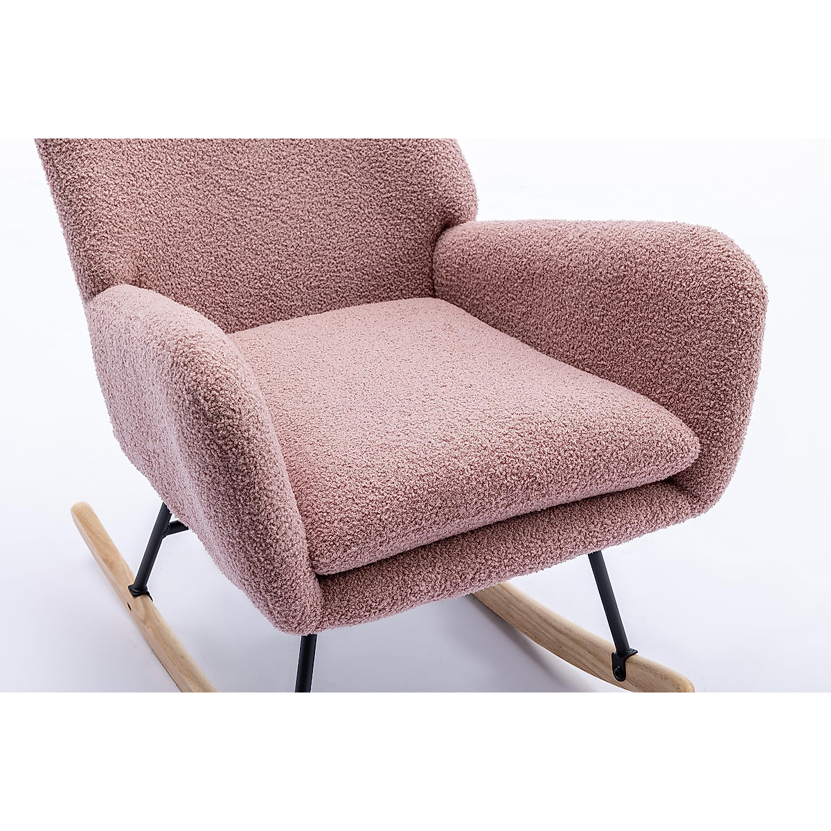 Lepfun 35.5 inch Casual, Soft Teddy Velvet Fabric Rocking Chair for Nursery,Comfy Wingback Glider Rocker with Safe Solid Wood Base for Living Room Bedroom and Balcony,Pink