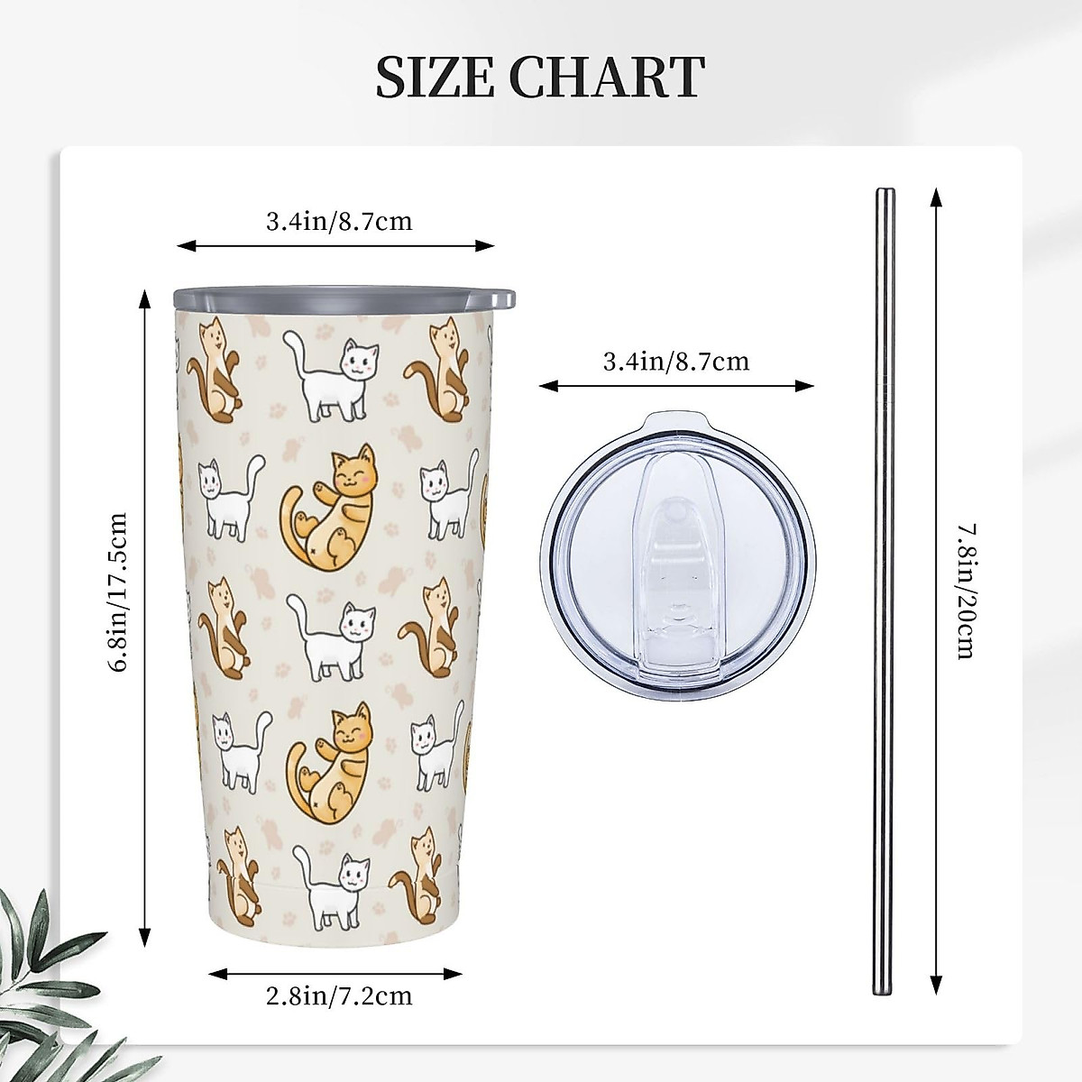 JASROTAO Cute Cat Tumbler,Cat 20oz Stainless Steel Insulated Travel Tumbler,Travel Coffee Mug with Lid and Straw Water Bottle Drink Tumbler Cups Gifts for Women Men Lovers