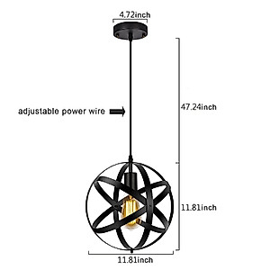 Crybeno Industrial Black Pendant Light, Vintage Spherical Pendant Light Fixtures, Metal Globe Hanging Lamp Light Fixture, Changeable Pendant Lighting for Kitchen Island Bedroom Dining Room Farmhouse