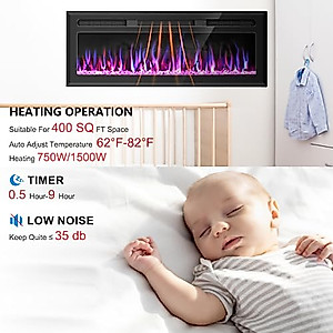 Hocookeper 37 inch Electric Fireplace, Wall Mounted and Recessed Fireplace Linear Fireplace Insert with Remote Control, Adjustable Flame Colors, Timer,750w/1500w, Black