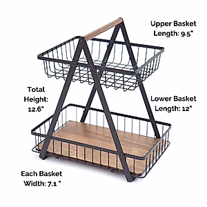 Emerson Ergonomics 2-Tier Large Fruit Basket || Wood Metal Bread Basket || Kitchen Countertop Fruit Bowl
