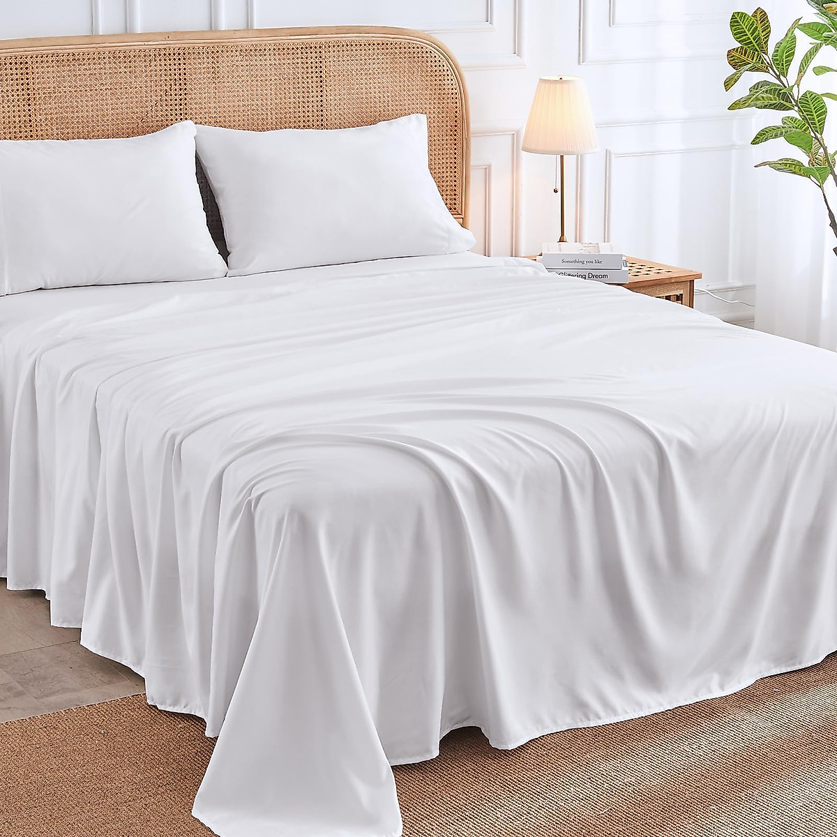 HUXMEYSON Queen Sheet Set, 4-Piece Hotel Luxury Bed Sheets & Pillowcases, Ultra Soft & Breathable Sheets, Deep Pockets 16" Wrinkle Proof Bedding Sheets, Anti-fading, Machine Washable, White