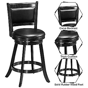 COSTWAY Bar Stools Set of 2, 360 Degree Swivel, Accent Wooden Swivel Back Counter Height Bar Stool, Fabric Upholstered Design, PVC Cushioned Seat (2 stools, Black 24'' Height)